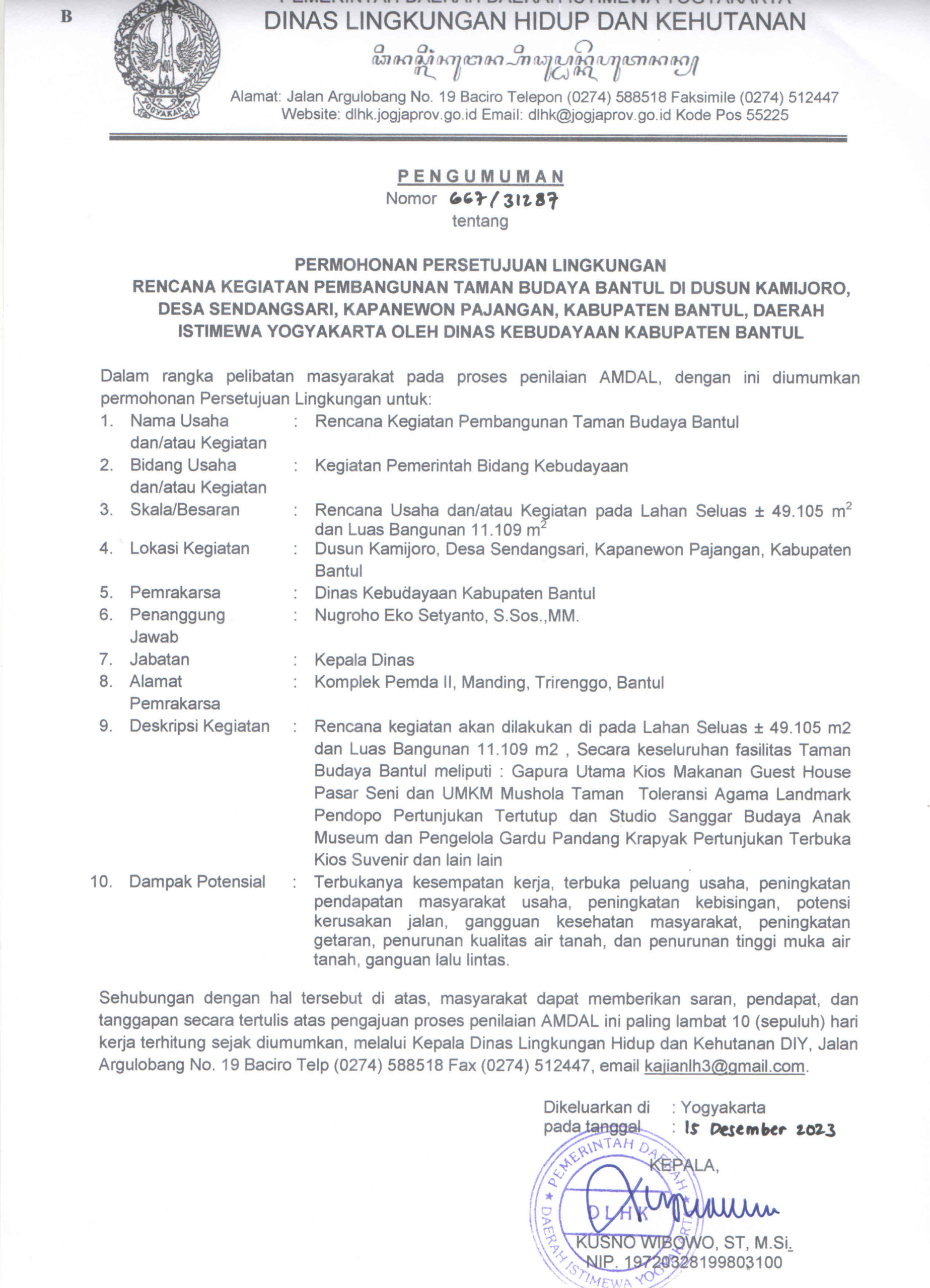 Permohonan Persetujuan Lingkungan (Amdal) Taman Budaya Bantul, Dinas ...