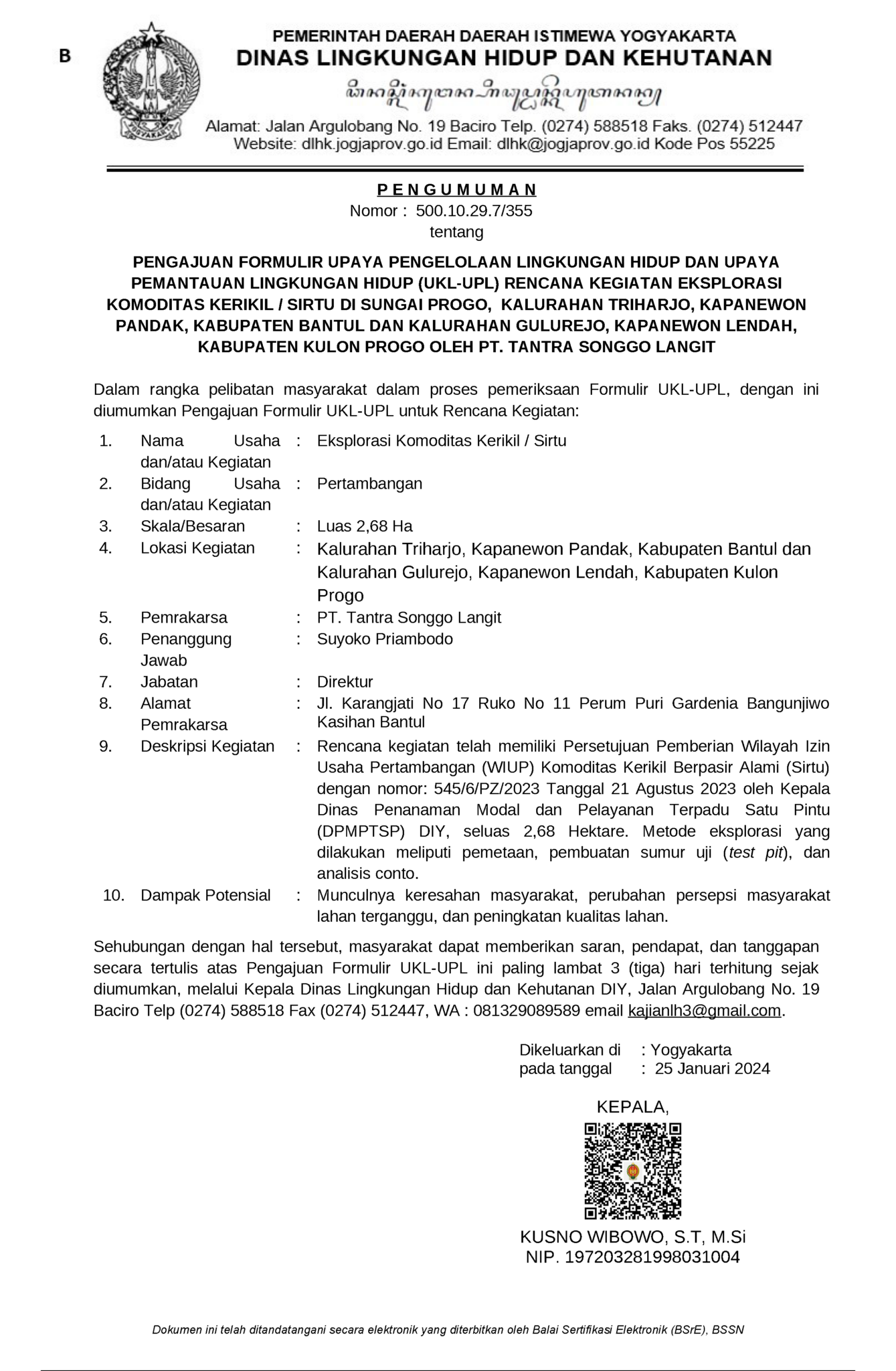 Pengajuan Formulir UKL-UPL PT. Tantra Songgo Langit – DLHK DIY